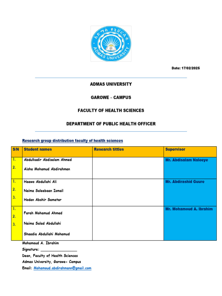 Faculty of Health Sciences Research Project Group Distribution | PDF