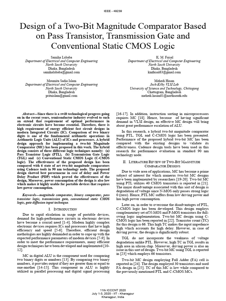 Two-Bit Comparator Design Using Hybrid Logic | PDF | Logic Gate | Cmos