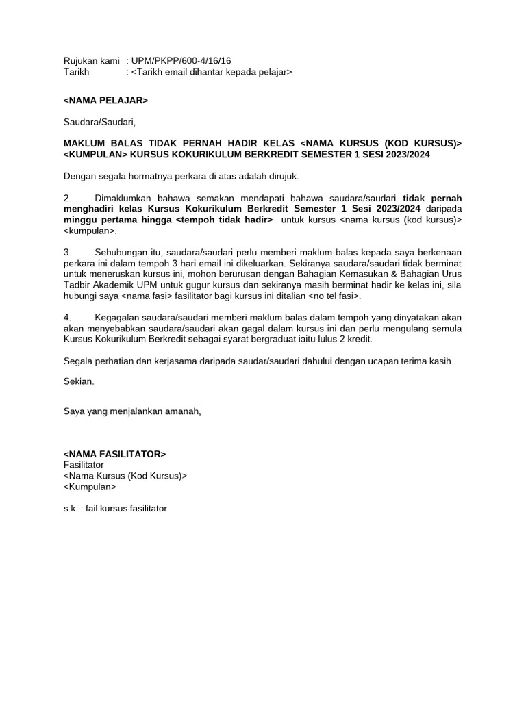 Format Email Surat Maklum Balas (Pelajar Tidak Hadir Kelas) | PDF