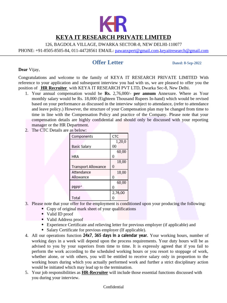 Offer Letter Final Vijay | PDF | Employment | Non Disclosure Agreement