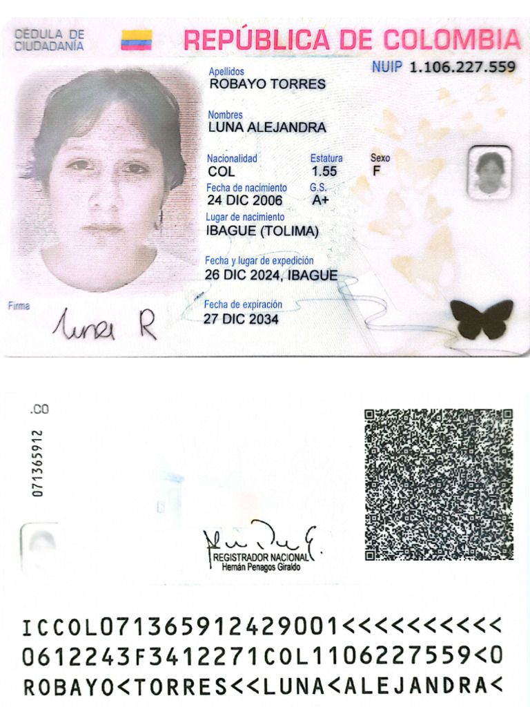 Documento de Identidad Luna Alejandra Robayo Torres | PDF