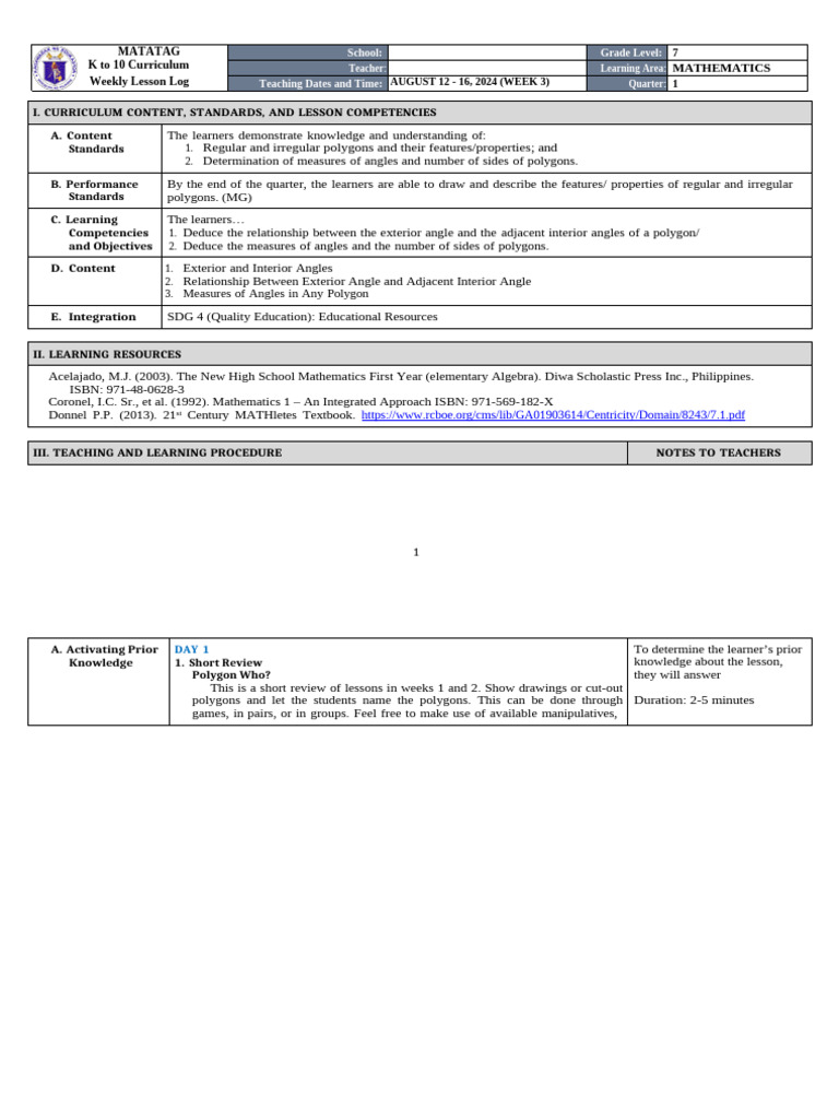 DLL Matatag - Math 7 Q1 W3 | PDF | Triangle | Polygon