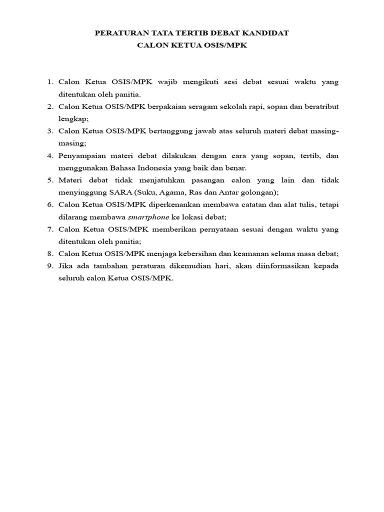 Peraturan Tata Tertib Debat Calon Ketua Osis Mpk-1 | PDF