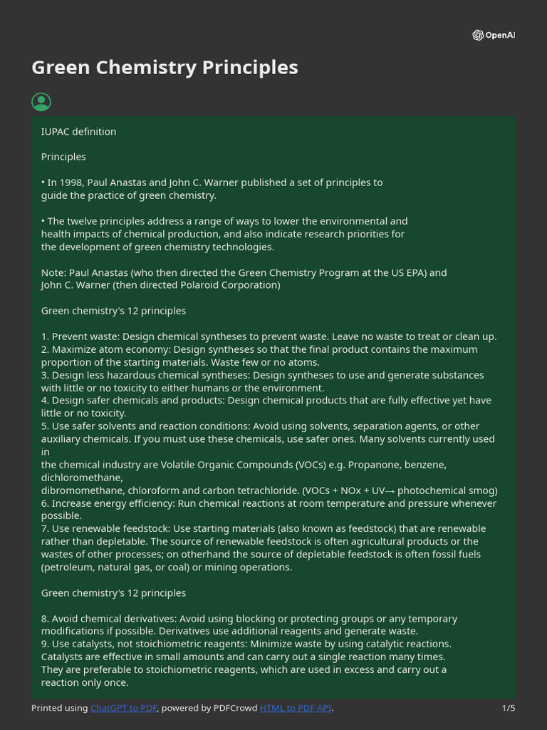 Green Chemistry Principles | PDF | Green Chemistry | Chemistry