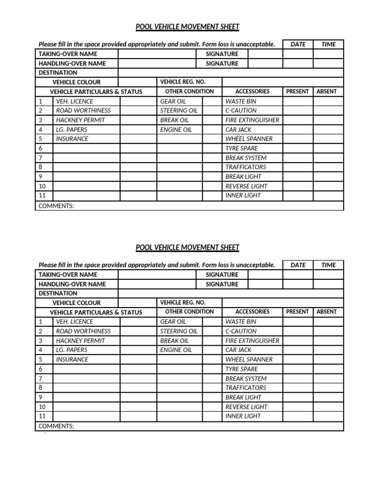 Pool Vehicle Movement Log Sheet | PDF | Manufactured Goods | Car