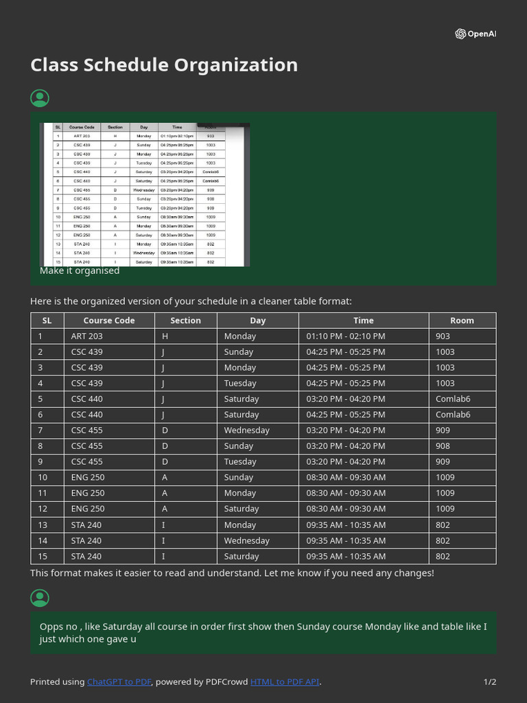 Class Schedule Organization | PDF