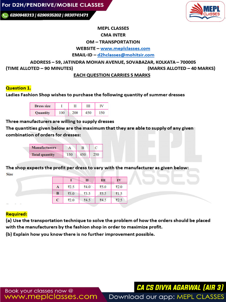 Cma Inter - Om - Transportation - Qp. | PDF | Warehouse | Profit (Economics)