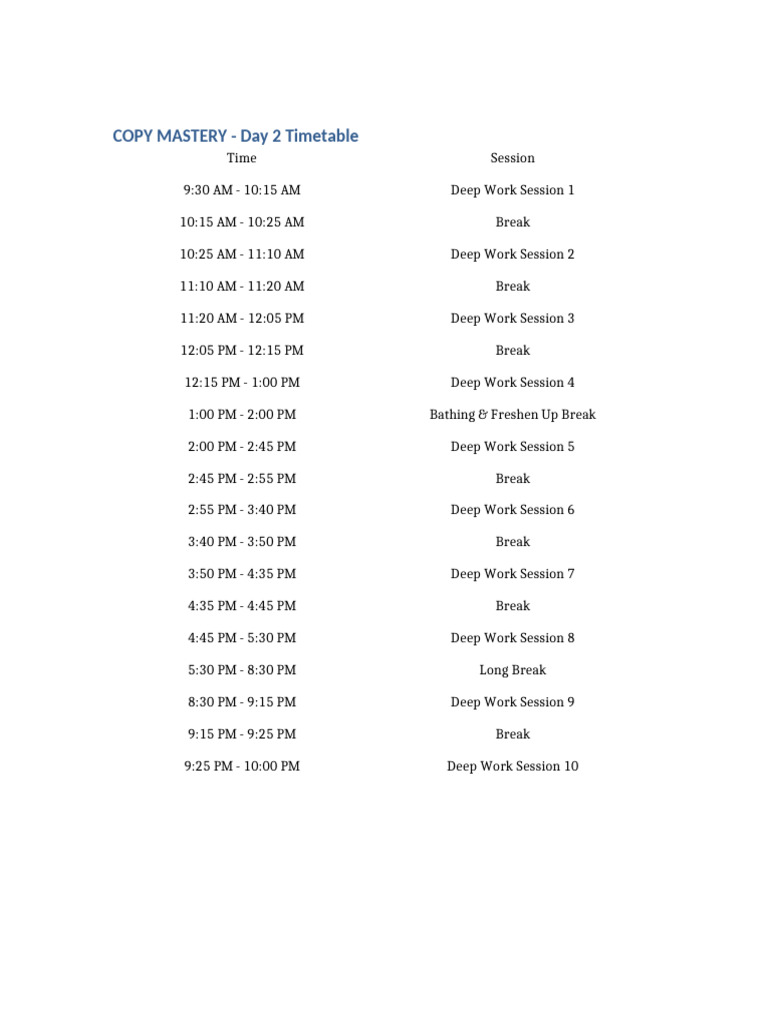 Day 2 Schedule for Copy Mastery | PDF