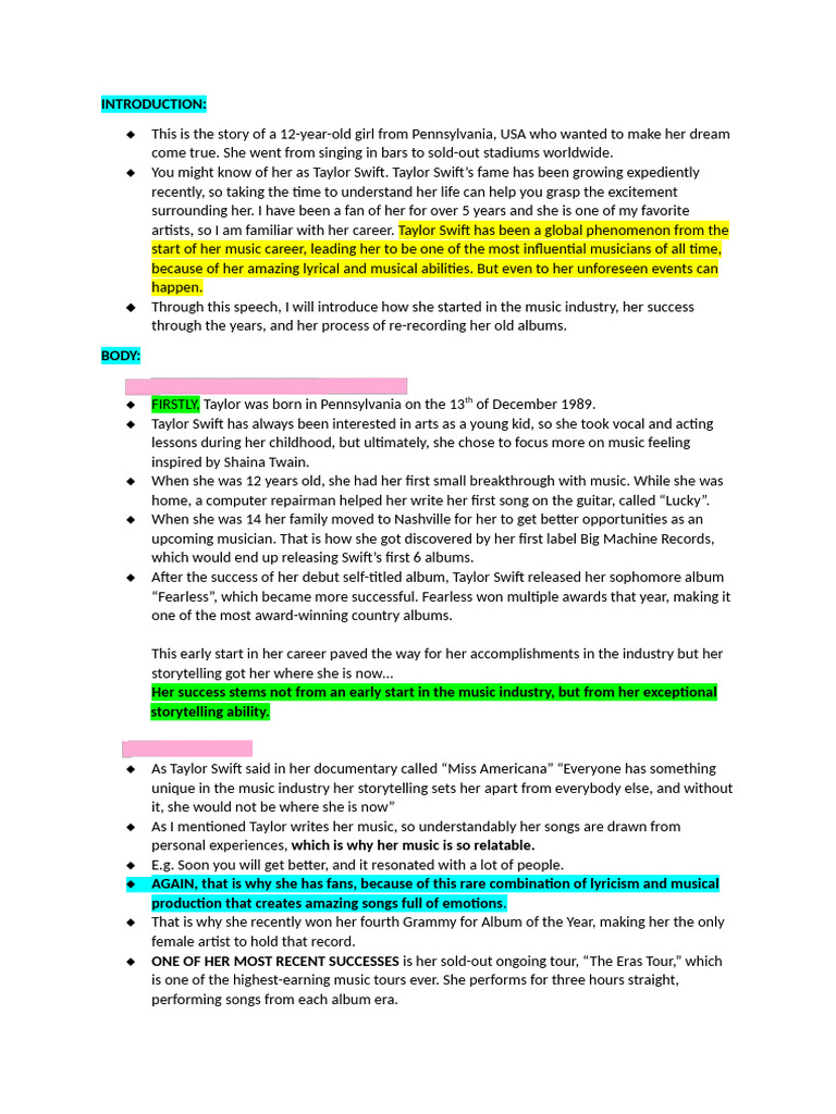 Preparation Outline Taylor Swift Informative Speech | PDF | Taylor ...