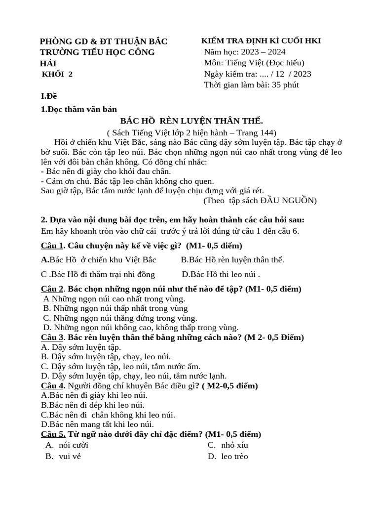 De Kiem Tra Cuoi Hoc Ki 1 | PDF