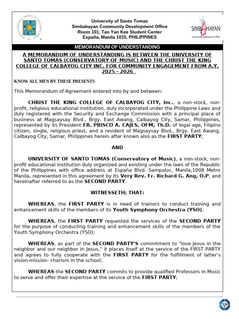 Music MOU With Christ The King College of Calbayog City Inc - Doc | PDF