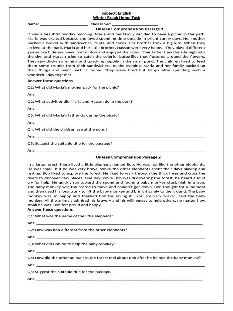 W.Sh.No.2 unseen Comprehensions | PDF