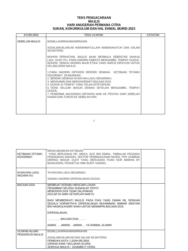 Teks Pengacara Majlis Anugerah Hem Dan Kokurikulum 2023 | PDF