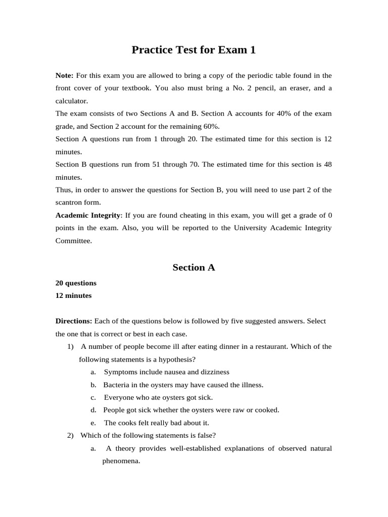 Practice Test For Exam 1 | PDF | Chemical Elements | Alkane