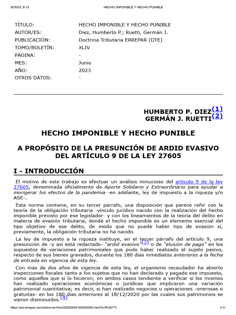 044.2 - Hecho Imponible y Hecho Punible - A proposito del articulo 9 de la ley 27.605 - H DIEZ y ...