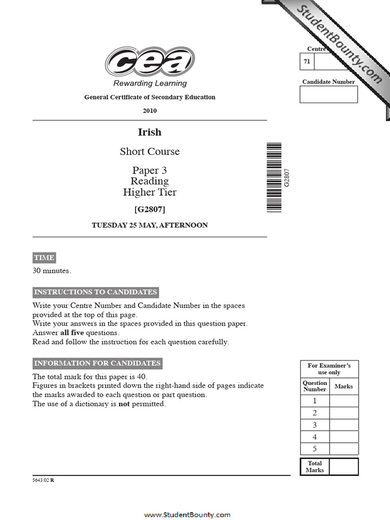 GCSE IRI REVISED Past Papers Mark Schemes Standard MayJune Series 2010 ...