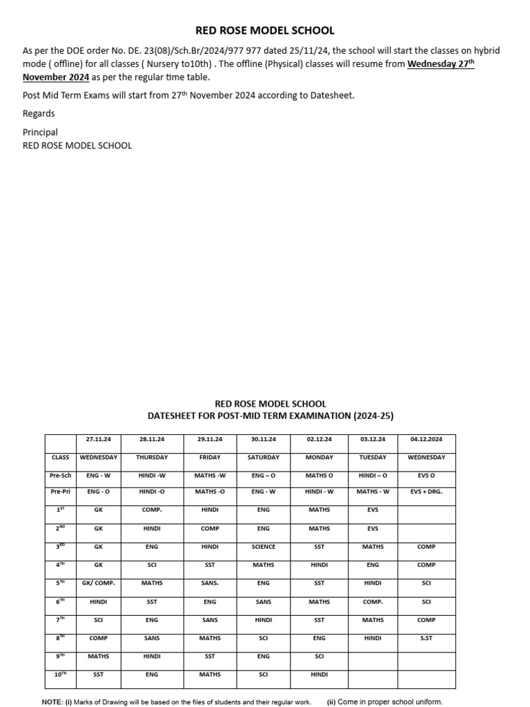 Red Rose School Hybrid Class & Exam Dates | PDF