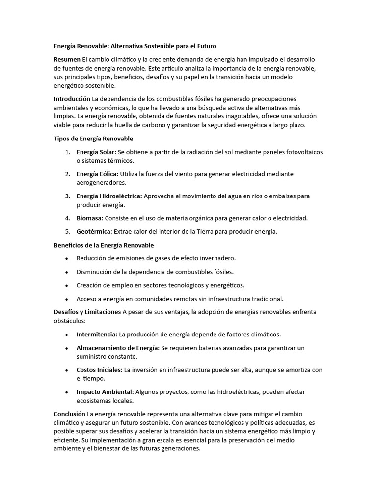 Energía Renovable: Clave del Futuro | PDF | Energía renovable | Entorno ...