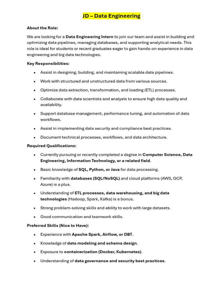JD - Data Engineering | PDF