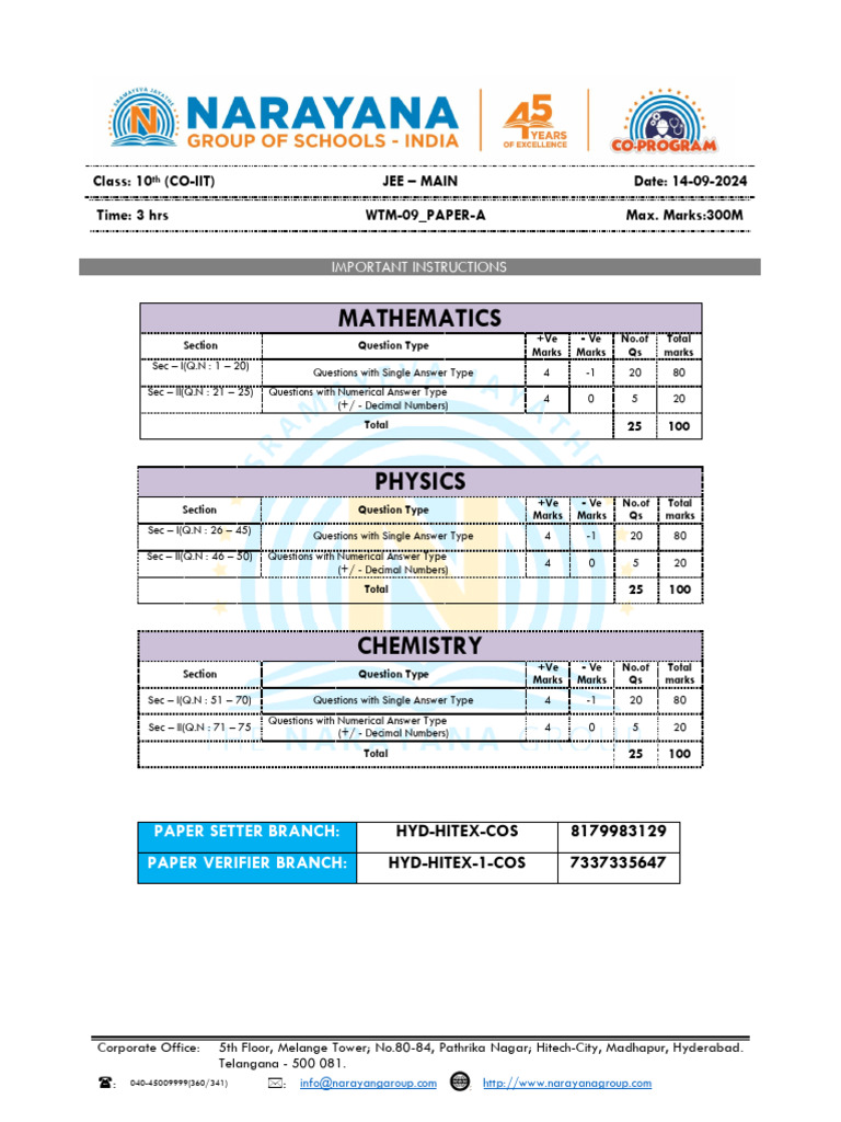 10TH_CO-IIT_PAPER-A_JEE-MAIN_WTM-09_QP_Dt_14-09-2024 | PDF | Sphere ...