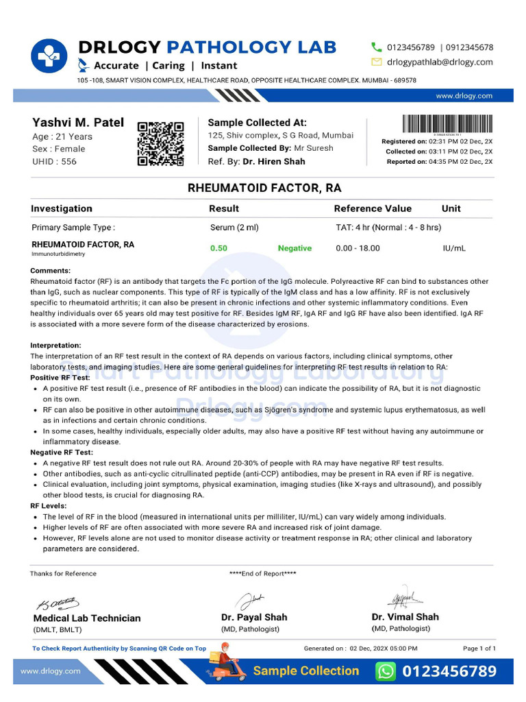 Rheumatoid Factor Ra Negative Test Report Format Example Sample ...