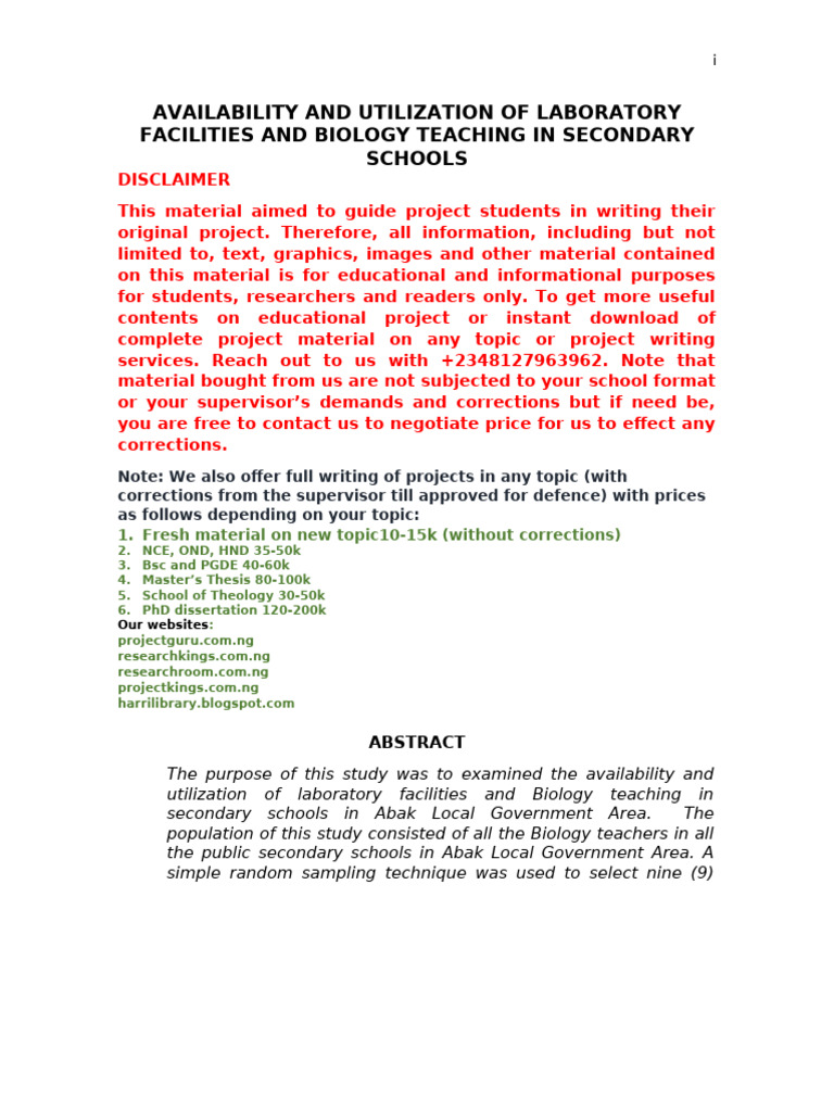 AVAILABILITY AND UTILIZATION OF LABORATORY FACILITIES AND BIOLOGY ...