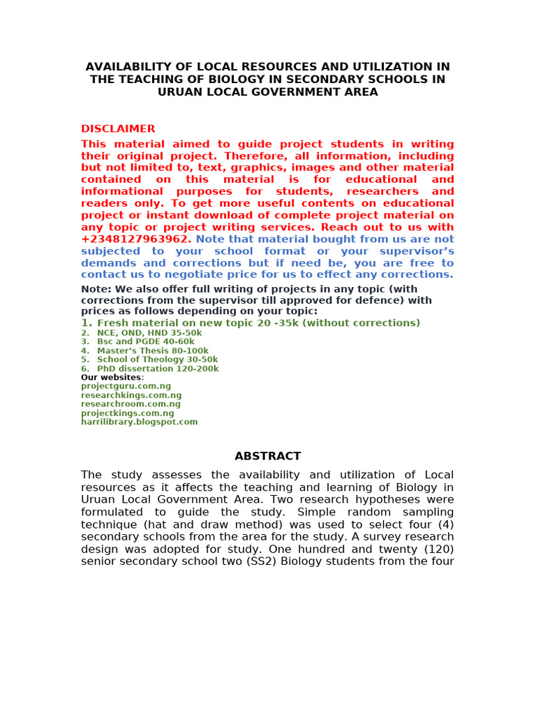 Availability of Local Resources and Utilization in The Teaching of Biology in Secondary Schools ...