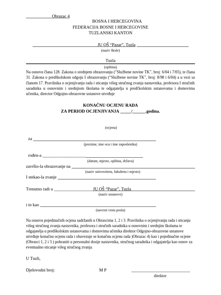 OCJENJIVANJE NASTAVNIKA Obrazac 4 | PDF