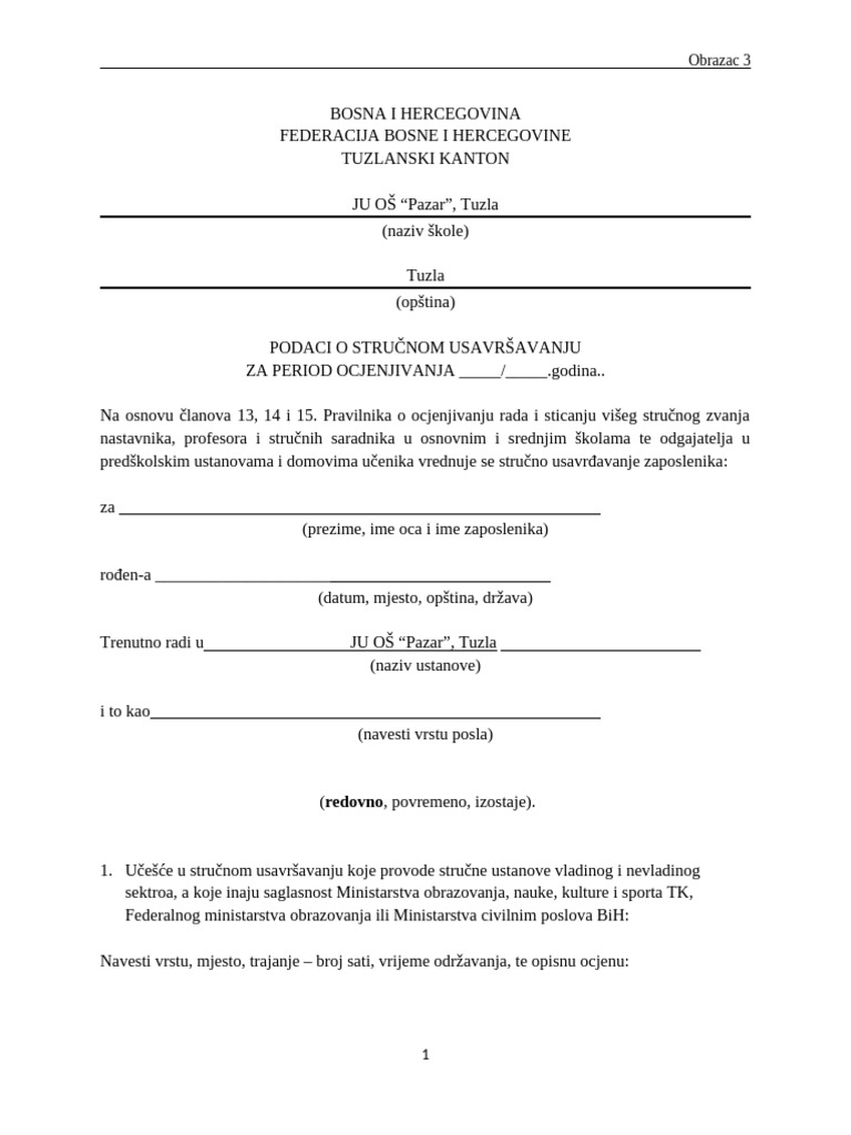 OCJENJIVANJE NASTAVNIKA Obrazac 3 | PDF