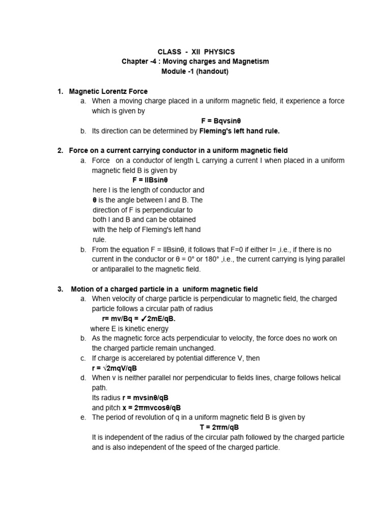 HANDOUT CLASS XII PHYSICS CHAPTER 4 Moving Charges & Magnetism M-1 (1) | PDF | Magnetic Field ...