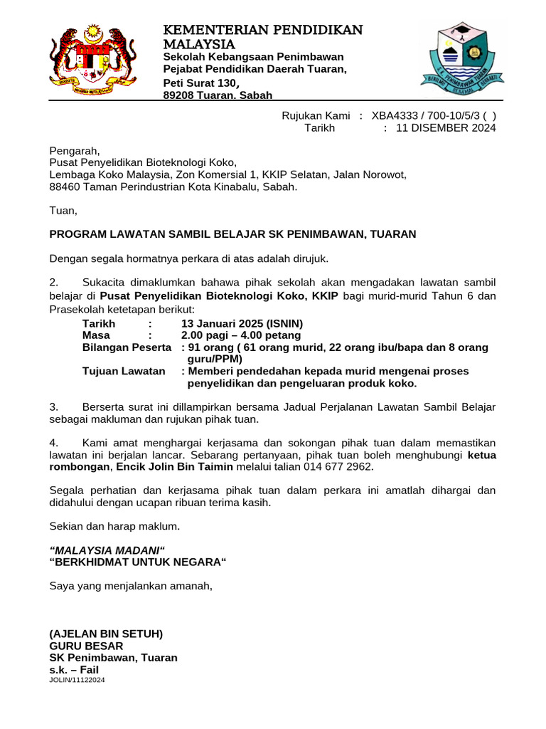 Surat Makluman Pusat Penyelidikan Koko Kkip - Program Lawatan SK ...