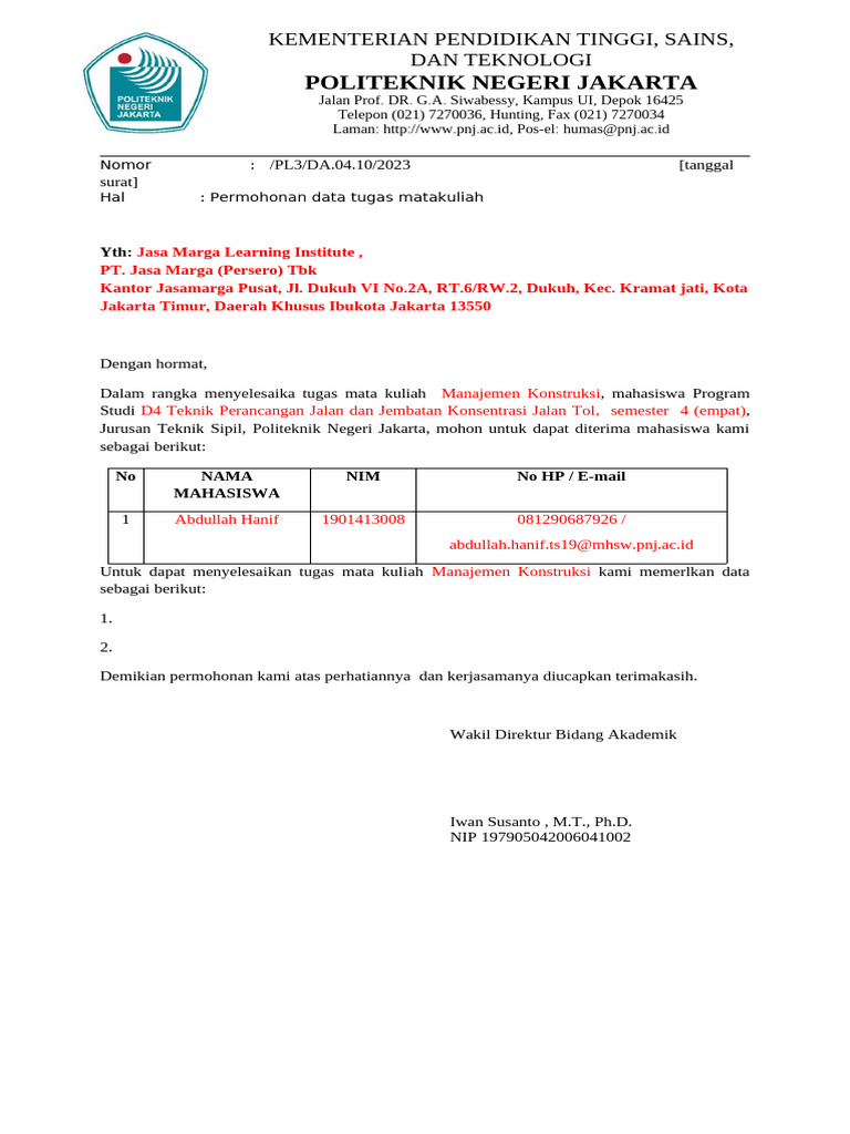 Contoh Surat Tugas Mata Kuliah - 1739524748 | PDF
