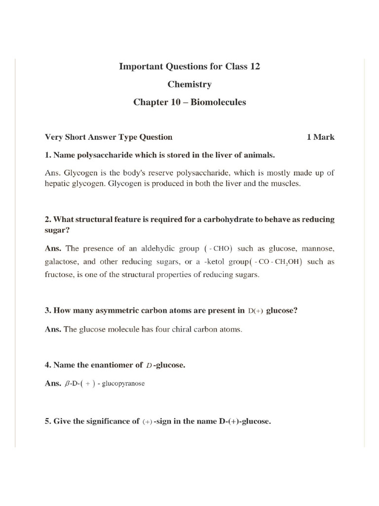 Important Questions On Biomolecules (Enzyme Is Not There in Revised ...