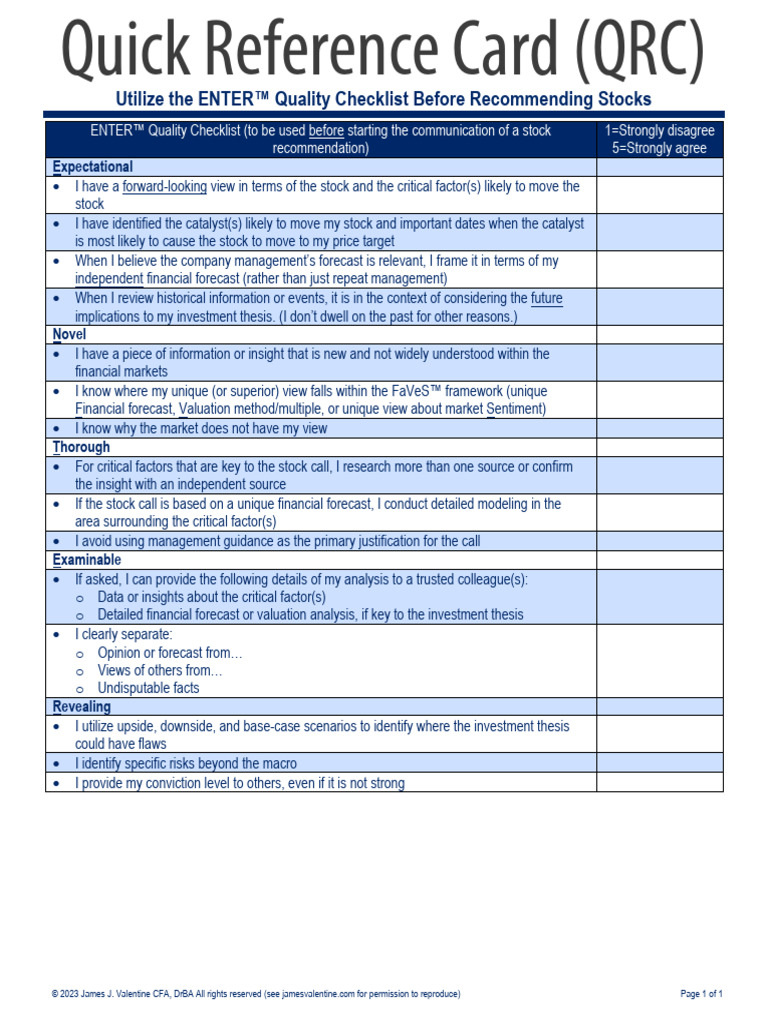 Utilize ENTER™ Quality Checklist Before Recommending Stocks | PDF