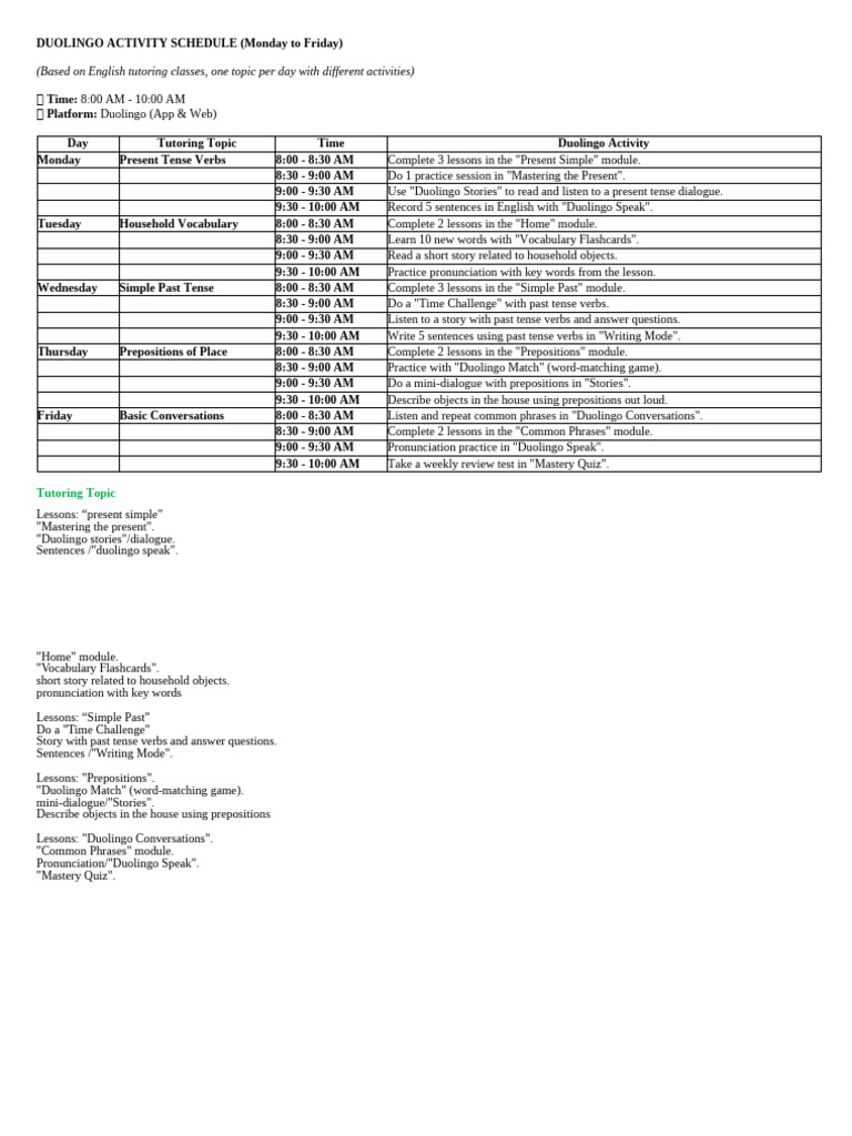 Duolingo Activity Schedule | PDF | Verb | English Language