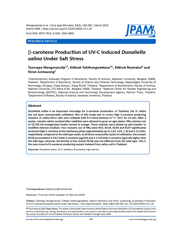 Carotene Production of UV C Induced Du | PDF | Carotenoid | Chlorophyll