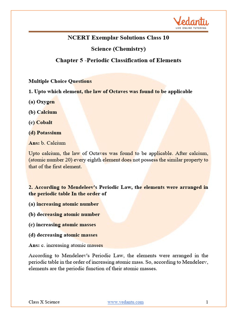 NCERT Exemplar For Class 10 Science Chapter 5 - Periodic Classification ...