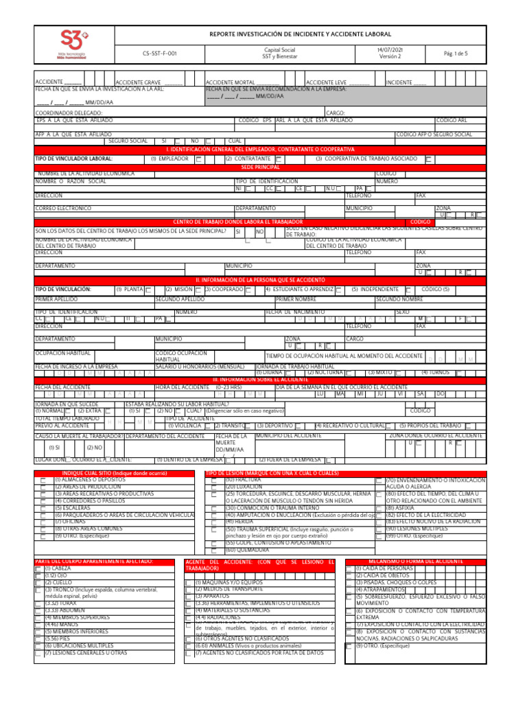 CS-SST-F-001 Reporte Investigacion de Incidente y Accidente Laboral v2 | PDF | Lesión