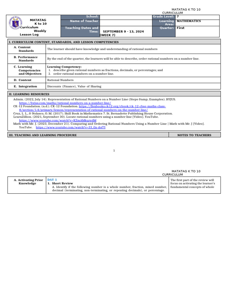 Grade 7 Math: Rational Numbers Lesson Plan | PDF | Ratio | Rational Number