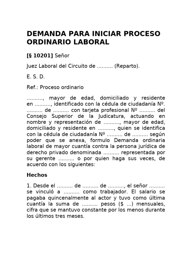 Demanda para Iniciar Proceso Ordinario Laboral | PDF | Demanda judicial ...