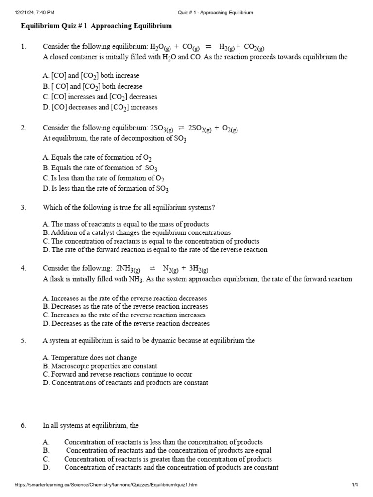 Quiz # 1 - Approaching Equilibrium | PDF | Chemical Equilibrium ...