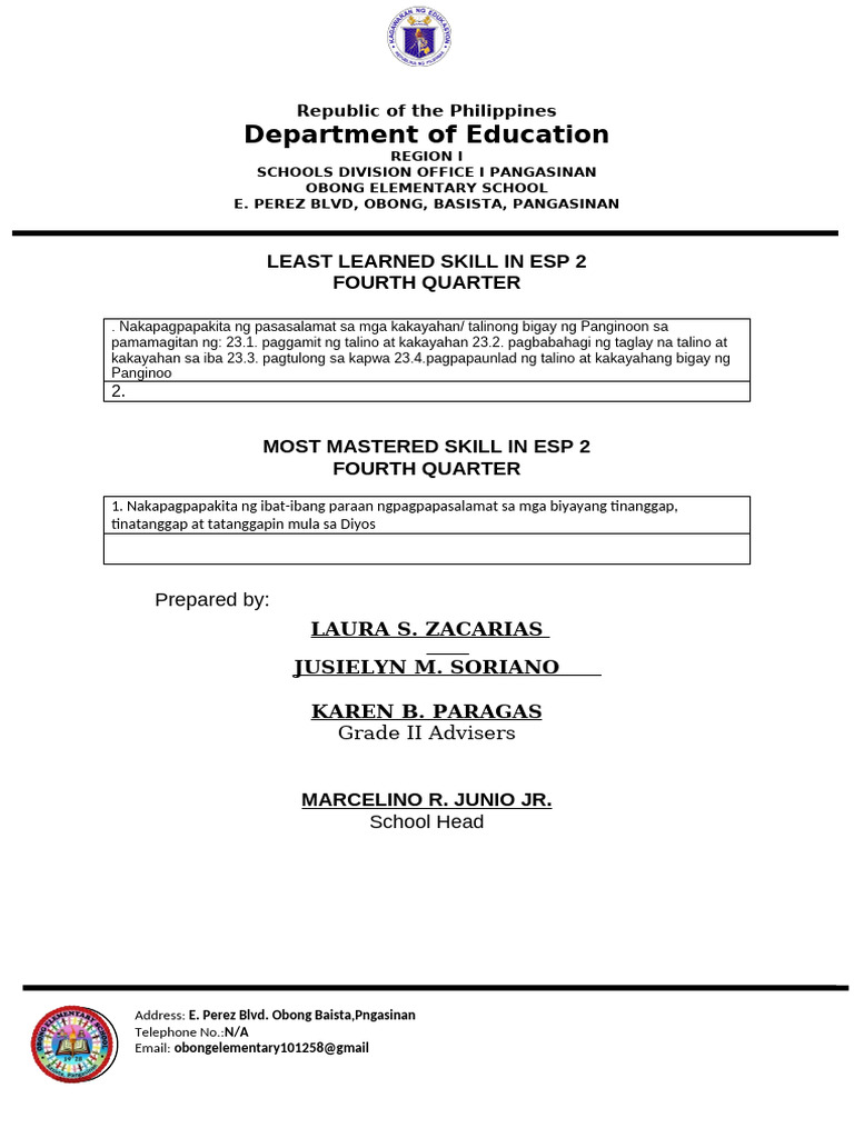 GR.2 Least and Most Learned Skills in ESP Q4 | PDF