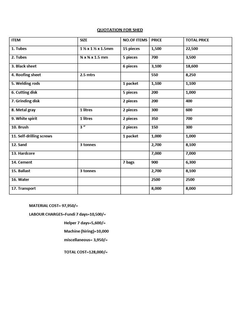 Quotation For Shed 1280 | PDF