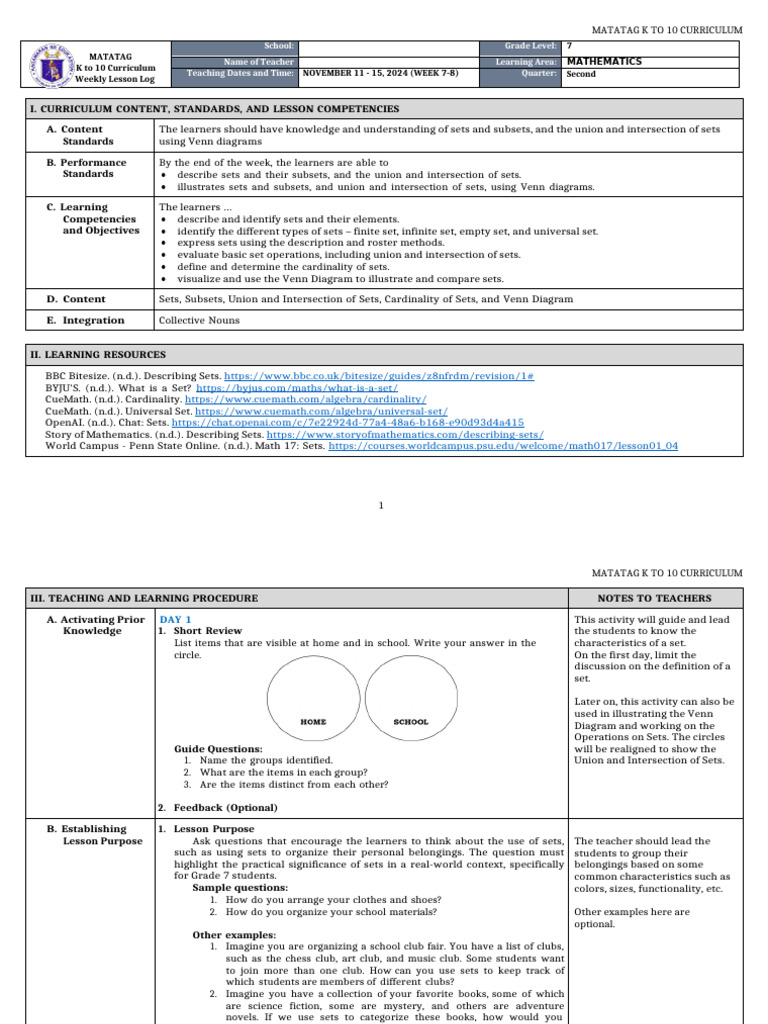 Grade 7 Math: Sets and Venn Diagrams | PDF | Set (Mathematics) | Bracket