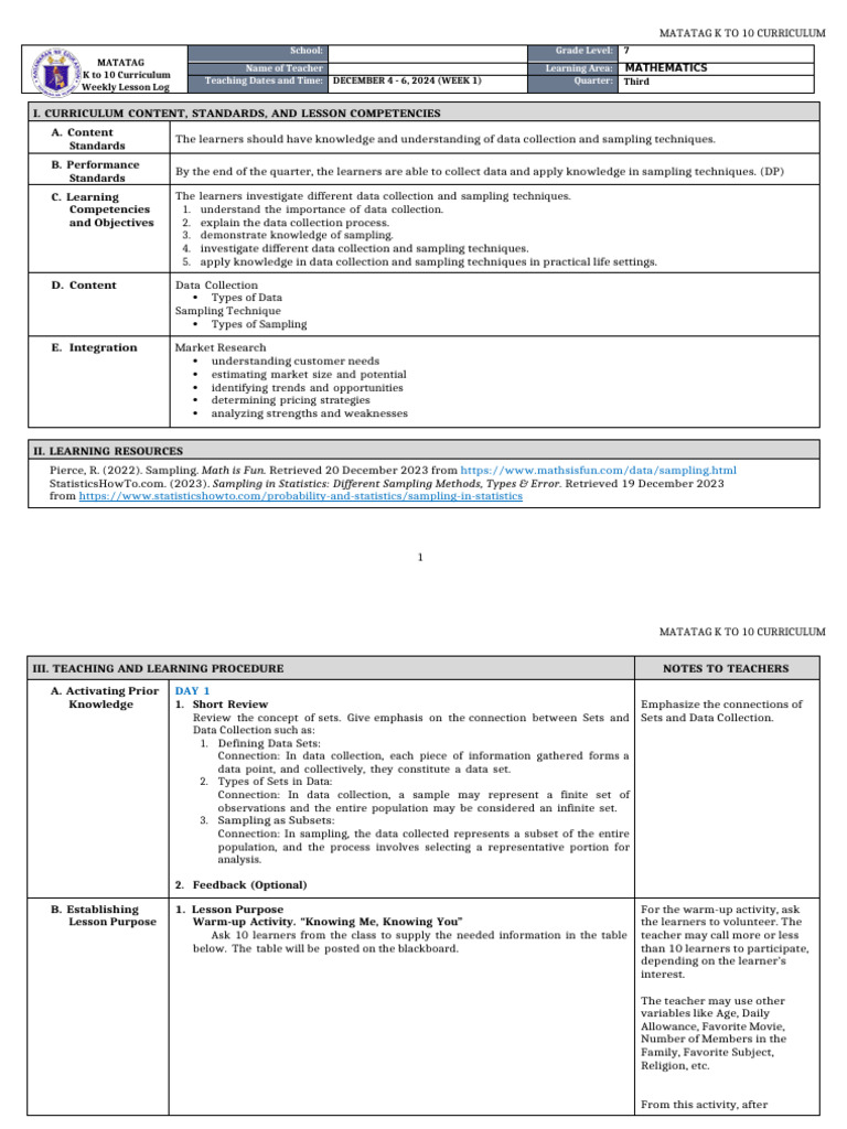 K to 10 Math Curriculum: Data Collection Techniques | PDF | Sampling ...
