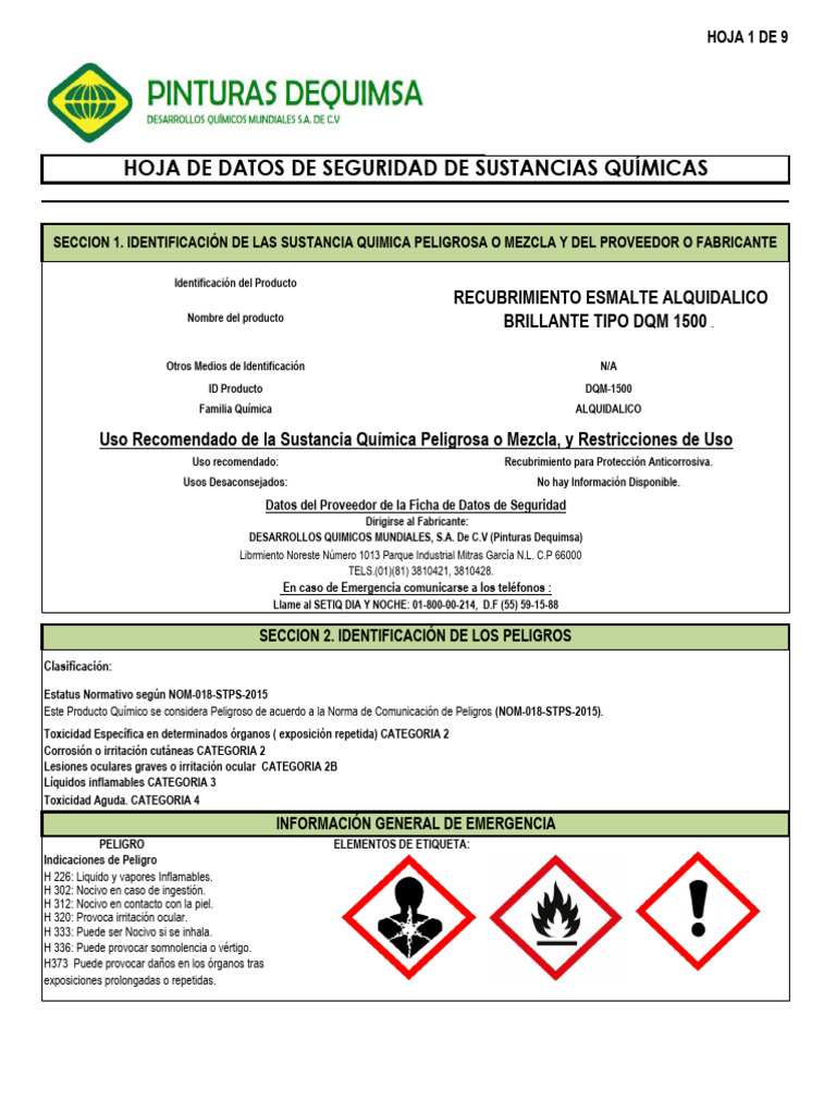 MSDS DQM 1500 2023 | PDF | Combustión | Agua