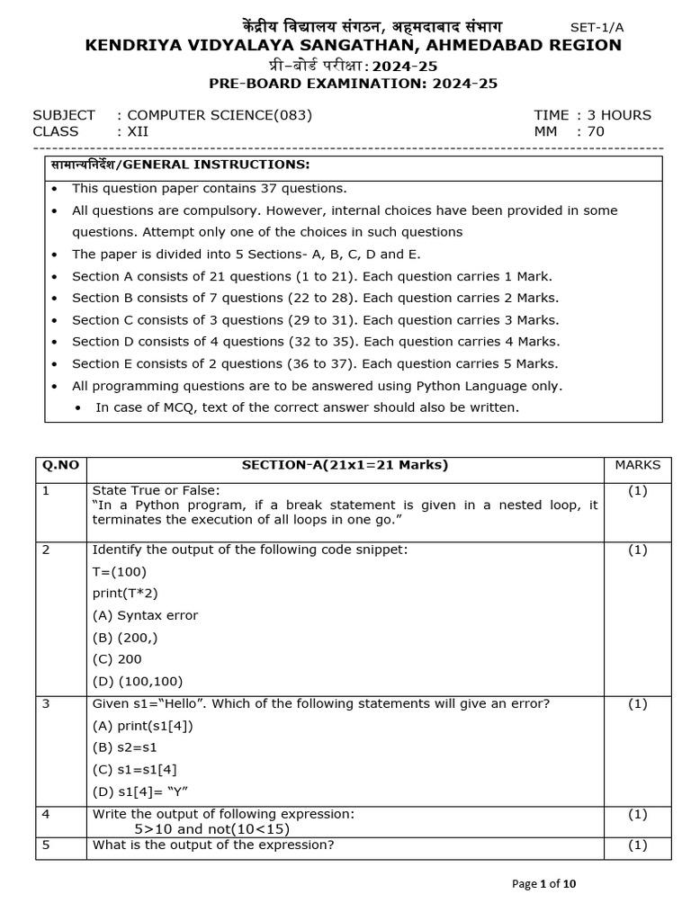 Cs-Xii-Qp-Pb-2024-25-Set-I A | PDF | Computer Network | Control Flow