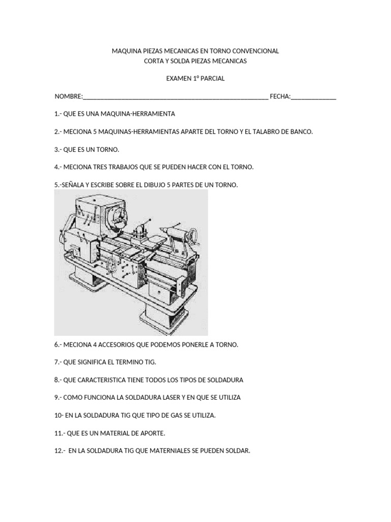Examen 1° Parcial Maquina Piezas Mecanicas en Torno Convencional | PDF