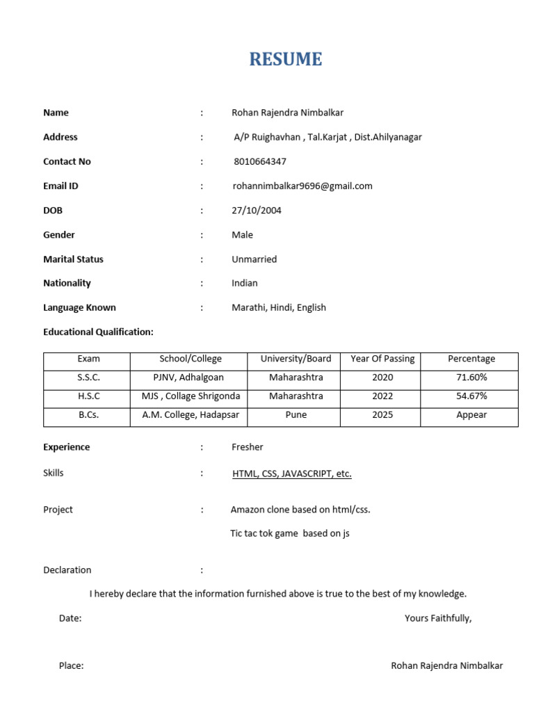 RESUME OF Rohan Nimbalkar | PDF