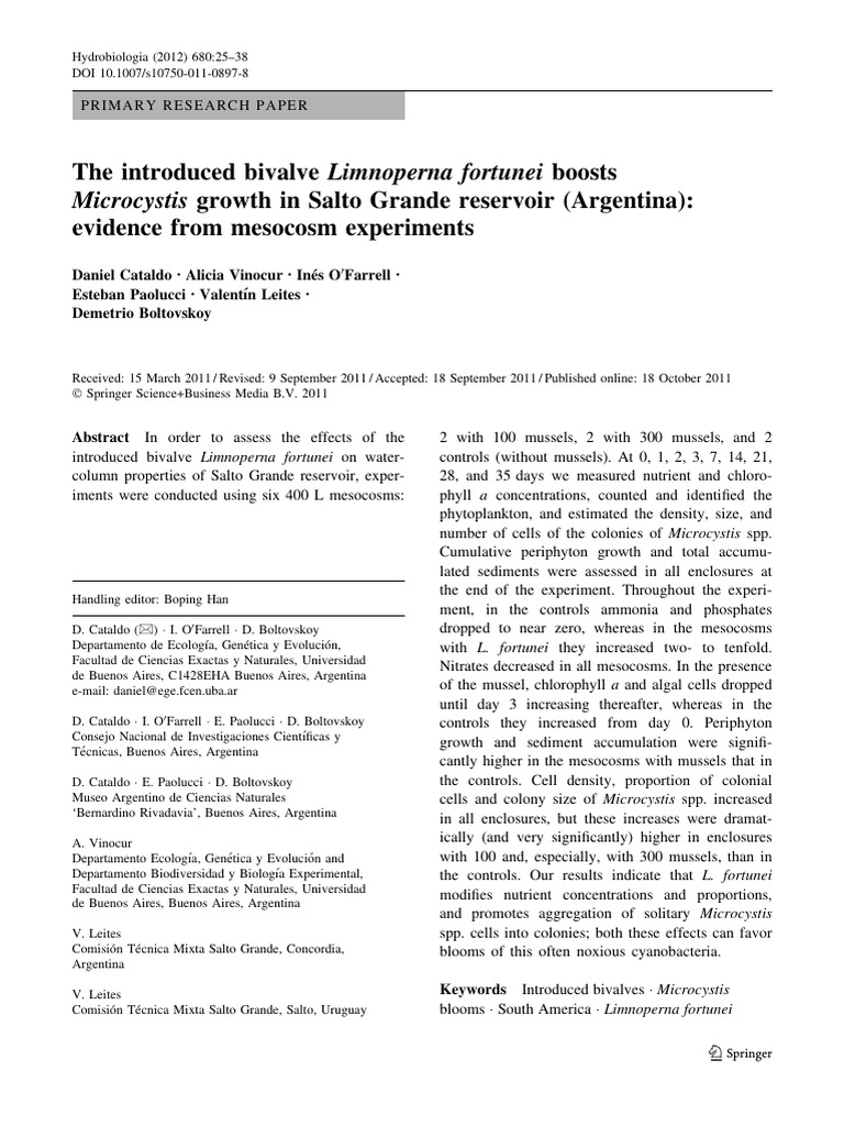 Cataldo 2012 the Introduced Bival | PDF | Cyanobacteria | Phytoplankton